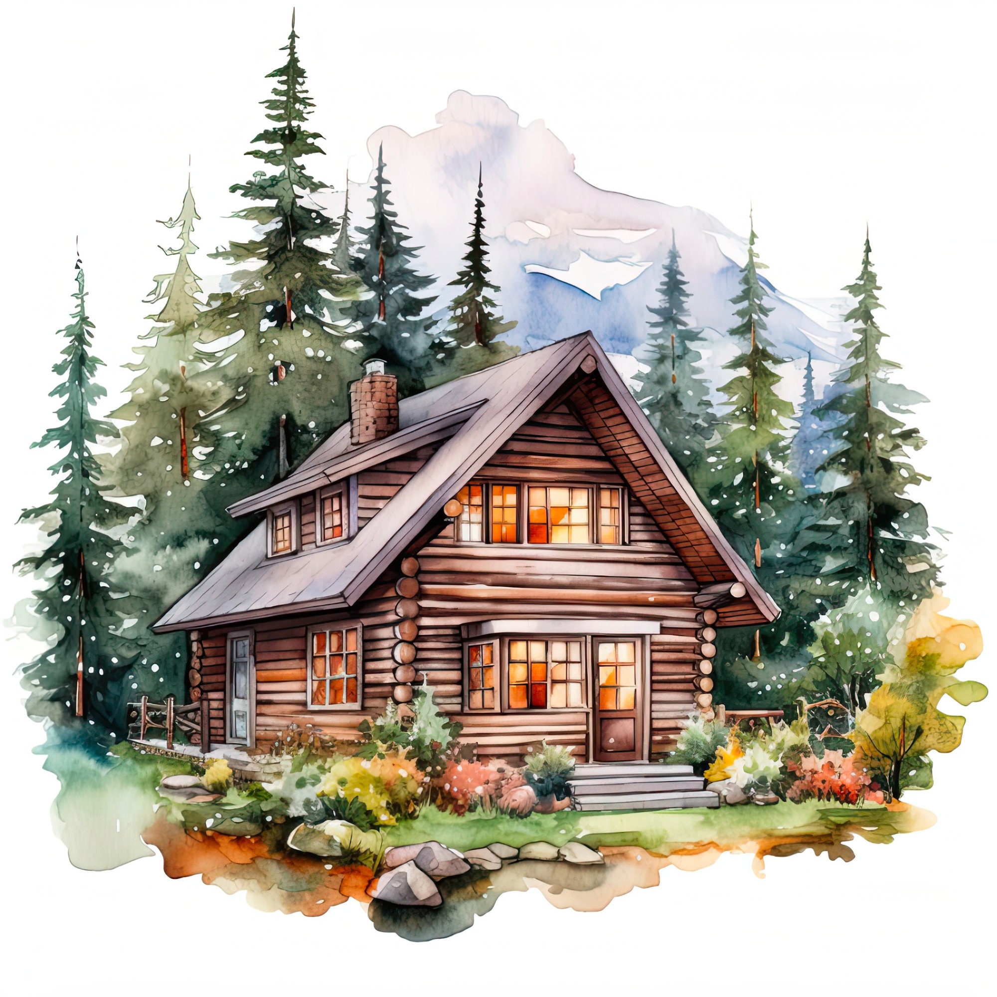 Cabin Clipart Bundle - Watercolor Cabin, Log Cabin Clipart, Digital Download, Commercial Use ...