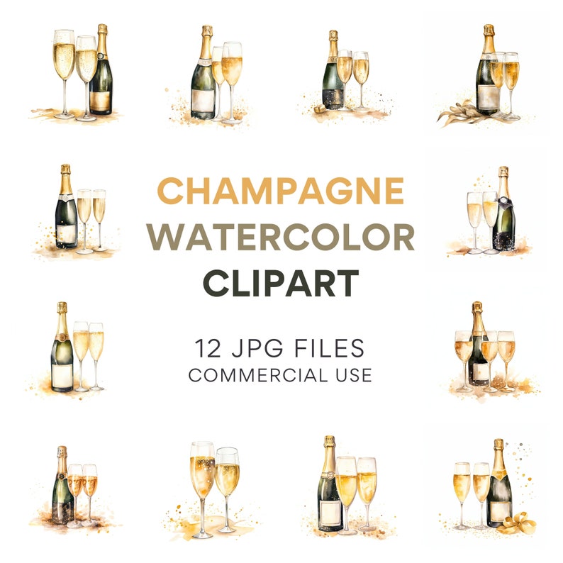 Champagne Clipart: Watercolor Champagne Bottle & Glass, Wedding Party ...