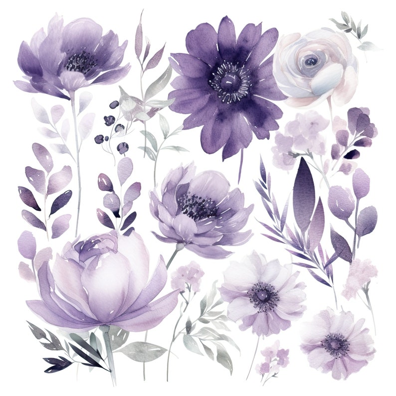 Purple and Silver Floral Clipart 54 High-quality Jpgs - Etsy