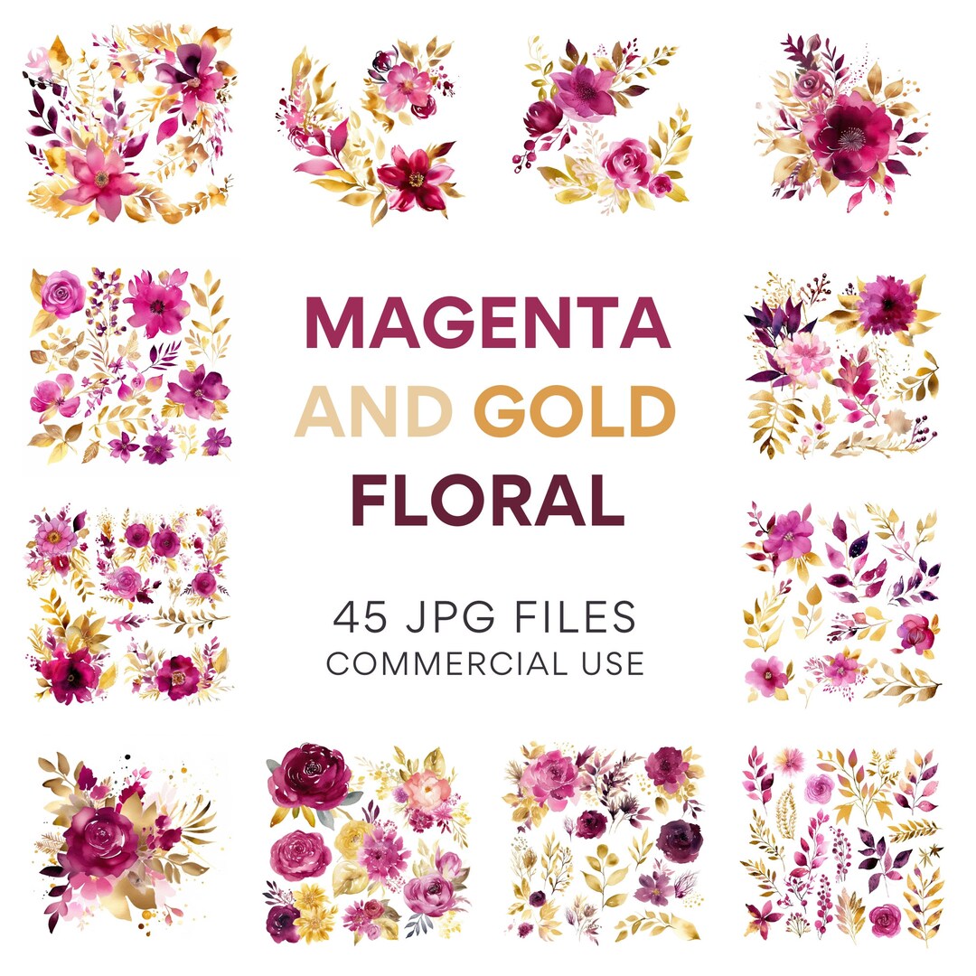 Magenta and Gold Floral Clipart: Vintage Flowers, Rustic Bouquets ...
