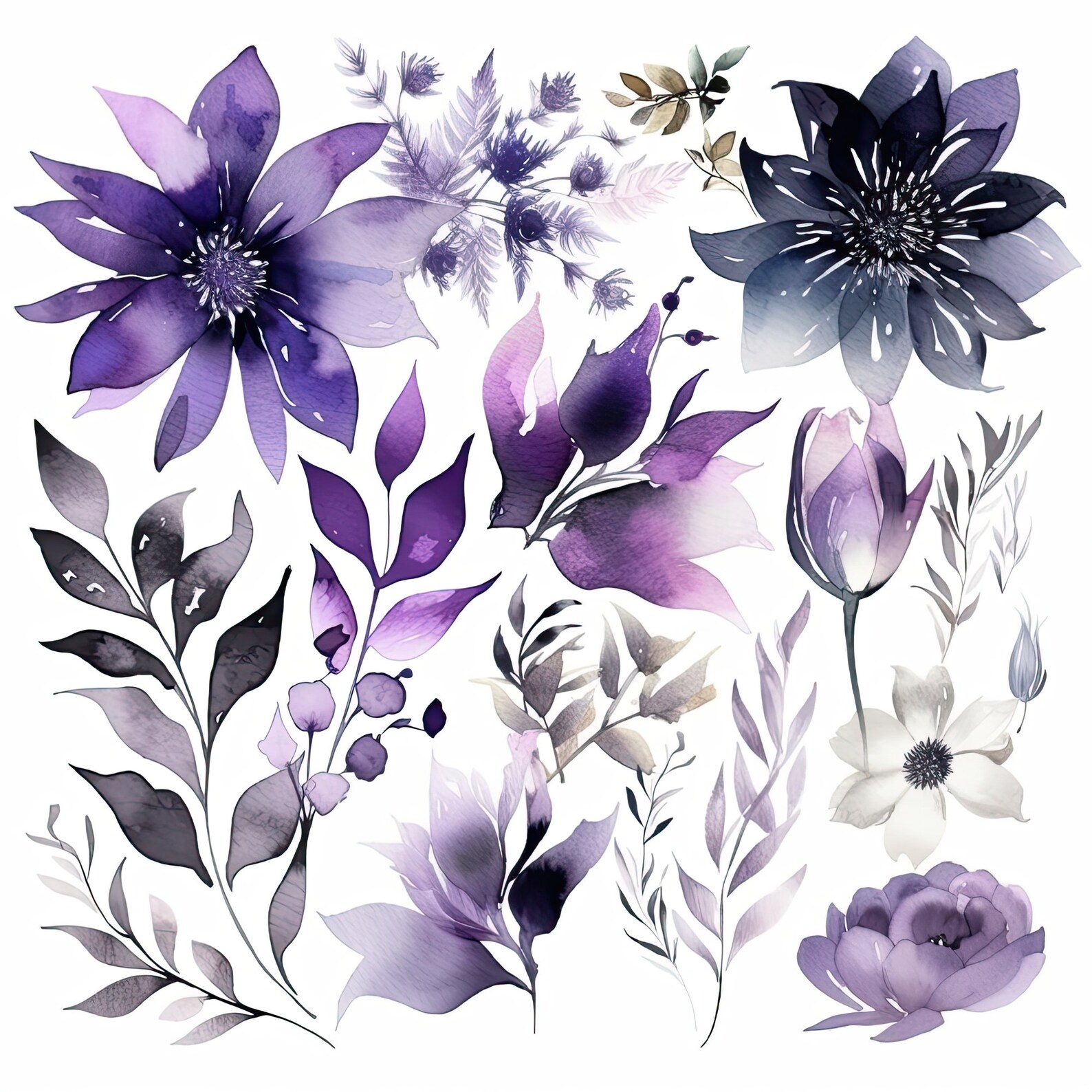 Black Purple & Silver Floral Clipart - Vintage Lavender Bouquets ...