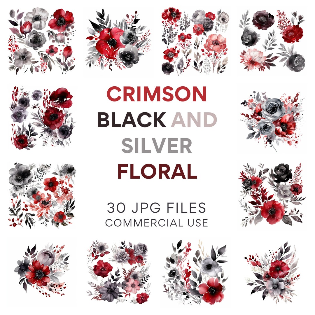 Crimson Black and Silver Floral Clipart With Glitter Flowers - Vintage ...