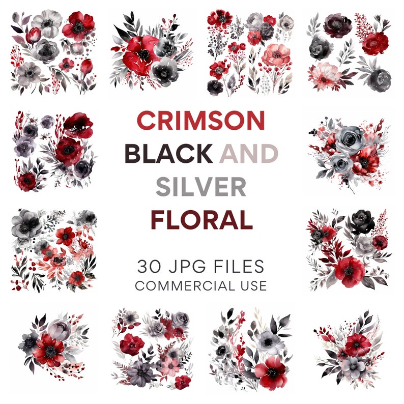 Crimson Black and Silver Floral Clipart With Glitter Flowers - Vintage ...