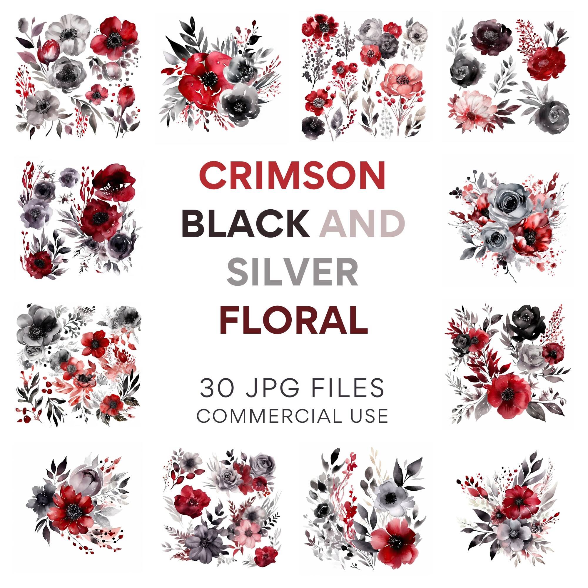 Crimson Black and Silver Floral Clipart With Glitter Flowers - Vintage ...