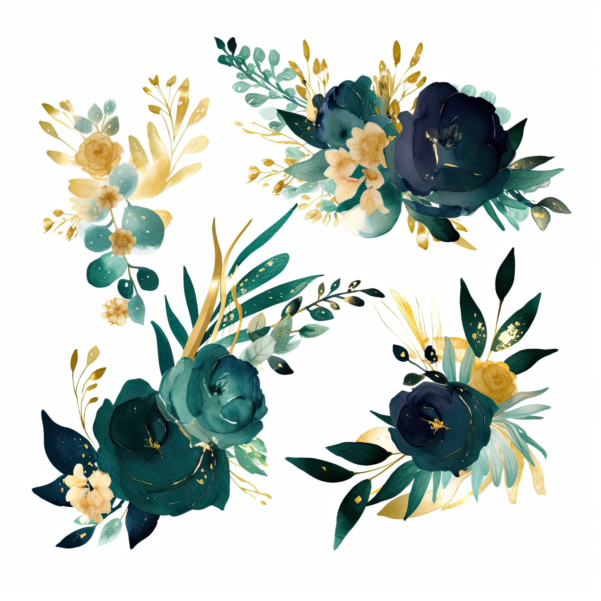 Dark Emerald and Gold Floral Bouquets Clipart Vintage Green Roses, St ...