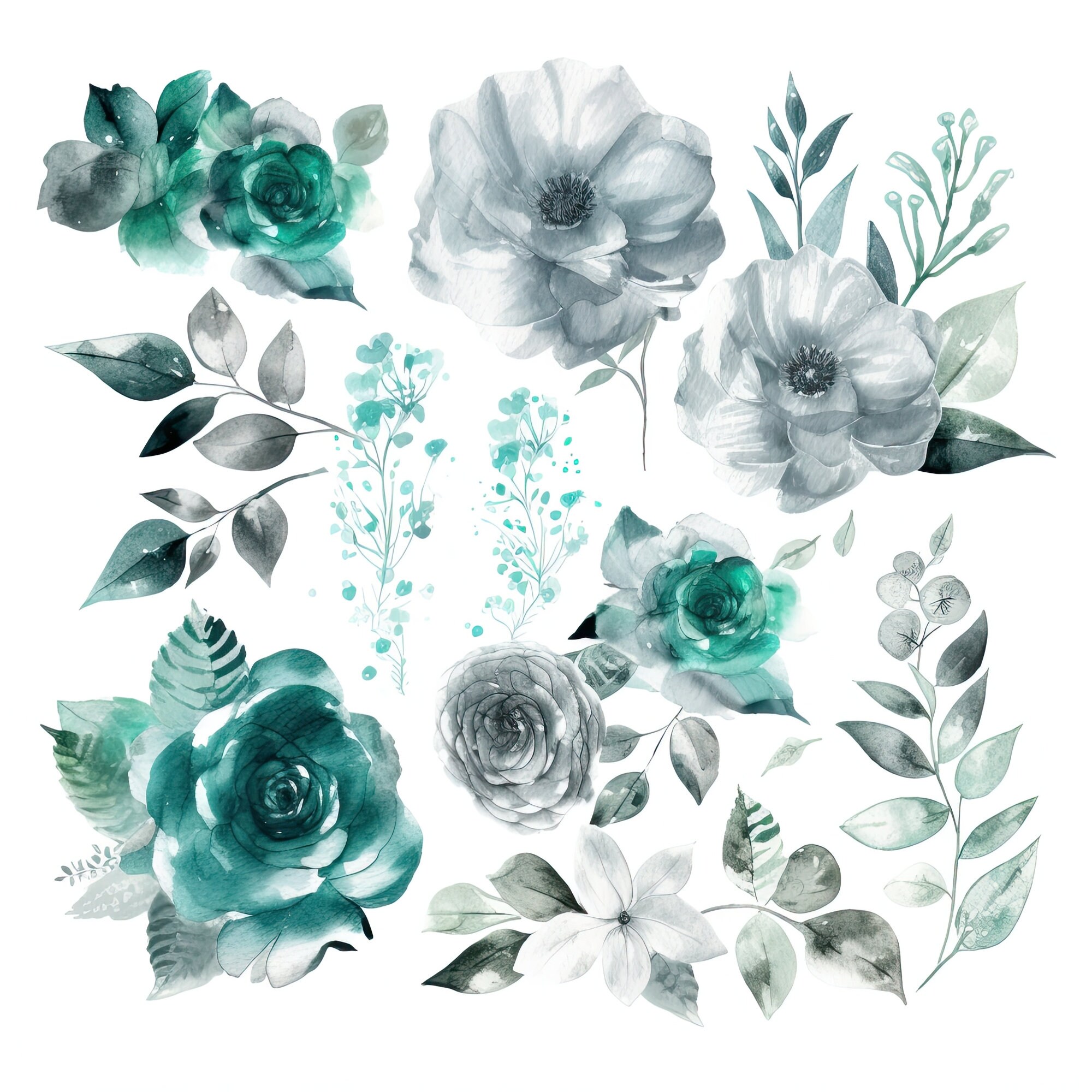 Emerald and Silver Floral Clipart: Rose & Green Bouquets, Vintage ...