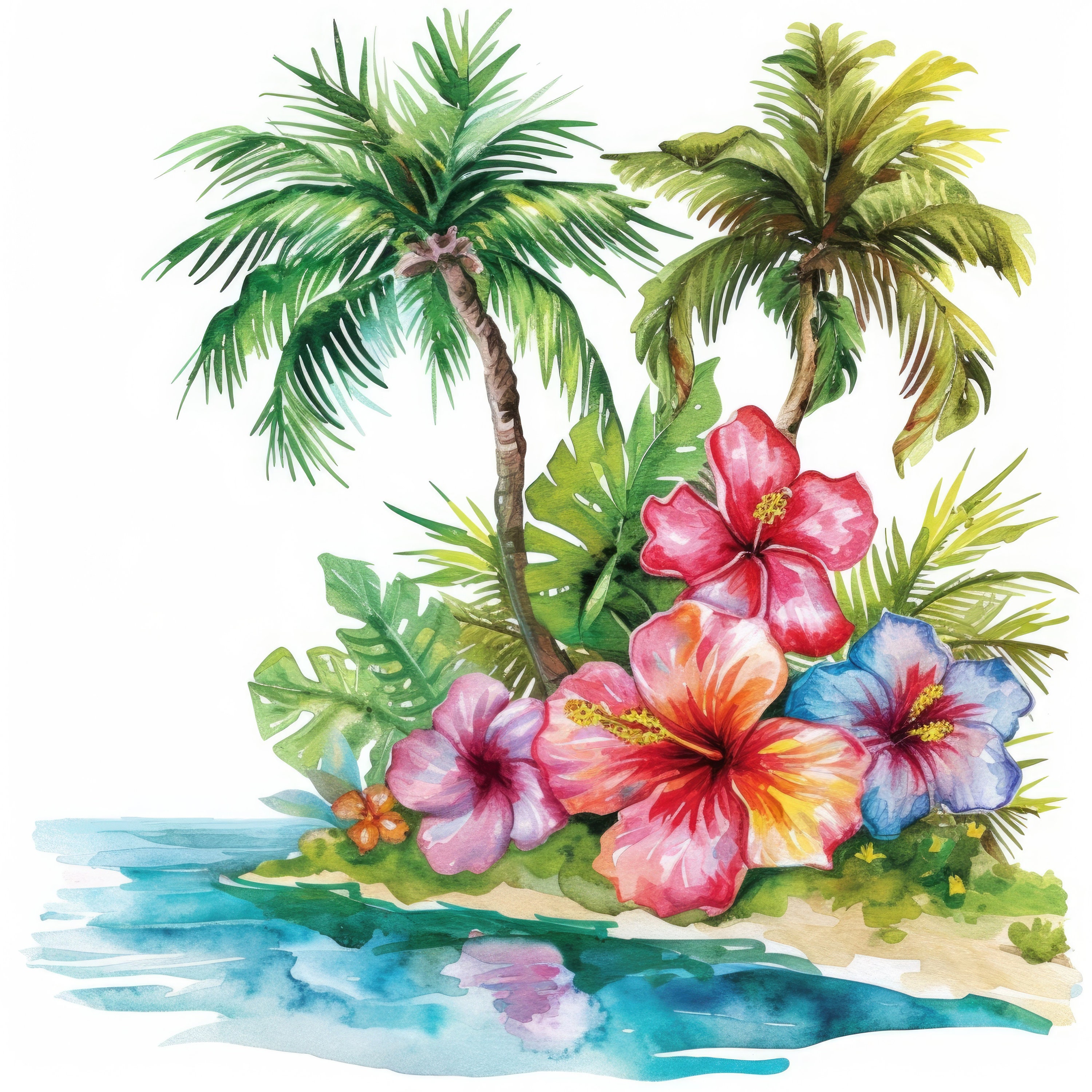Hawaii Watercolor Clipart: Summer Hawaiian Tropical Flowers, Luau, Palm ...