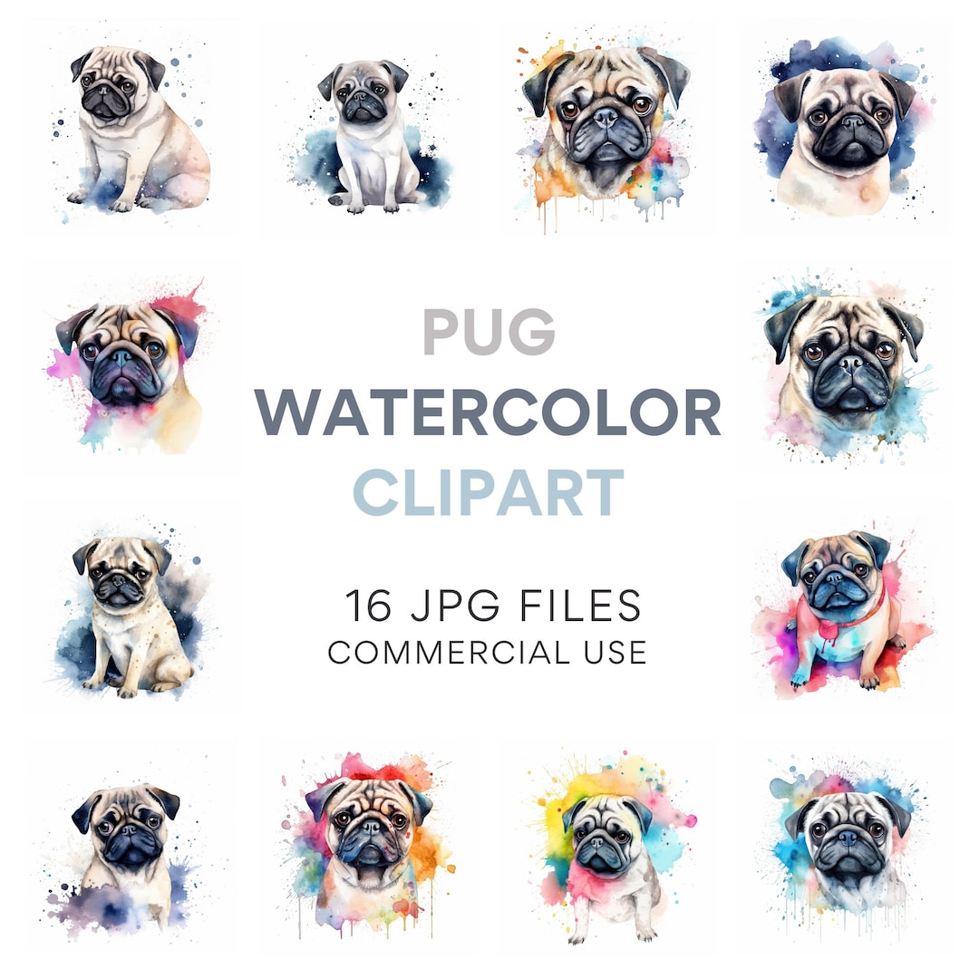 Pug Clipart Pack: Watercolor Clipart, Digital Download, Dog Clipart ...