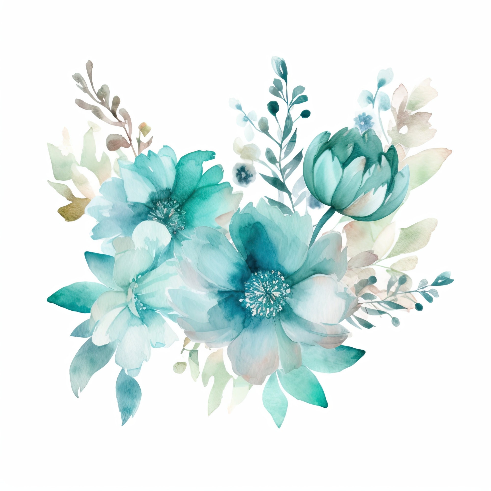 Turquoise Bouquets Floral Clipart: Rustic Wedding Vintage Flowers, Teal ...