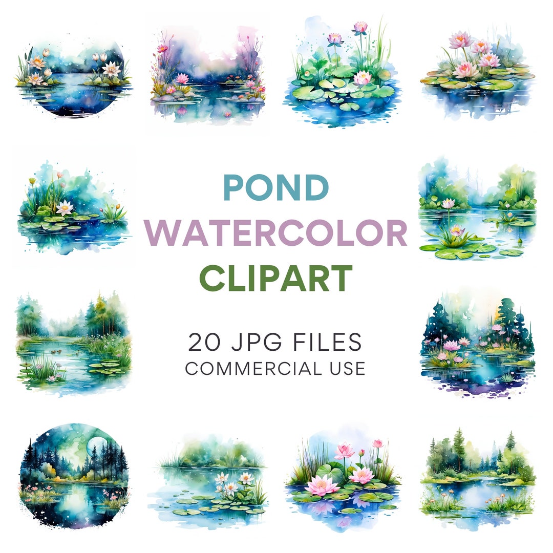 Pond Clip Art: Watercolor Landscape, Frog Clipart, Lily Pond ...