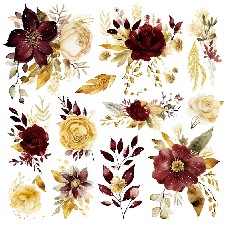 Maroon and Gold Floral Clipart: Rustic Flowers, Maroon Floral Bouquets ...