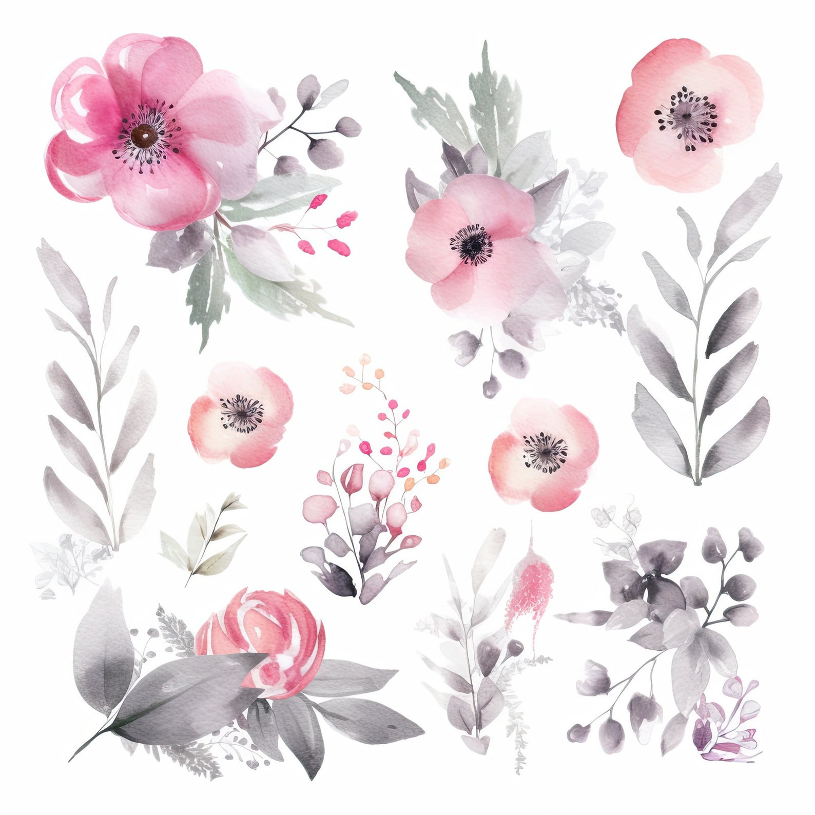 Pink and Silver Floral Clipart: Vintage Flowers With Silver Glitter ...