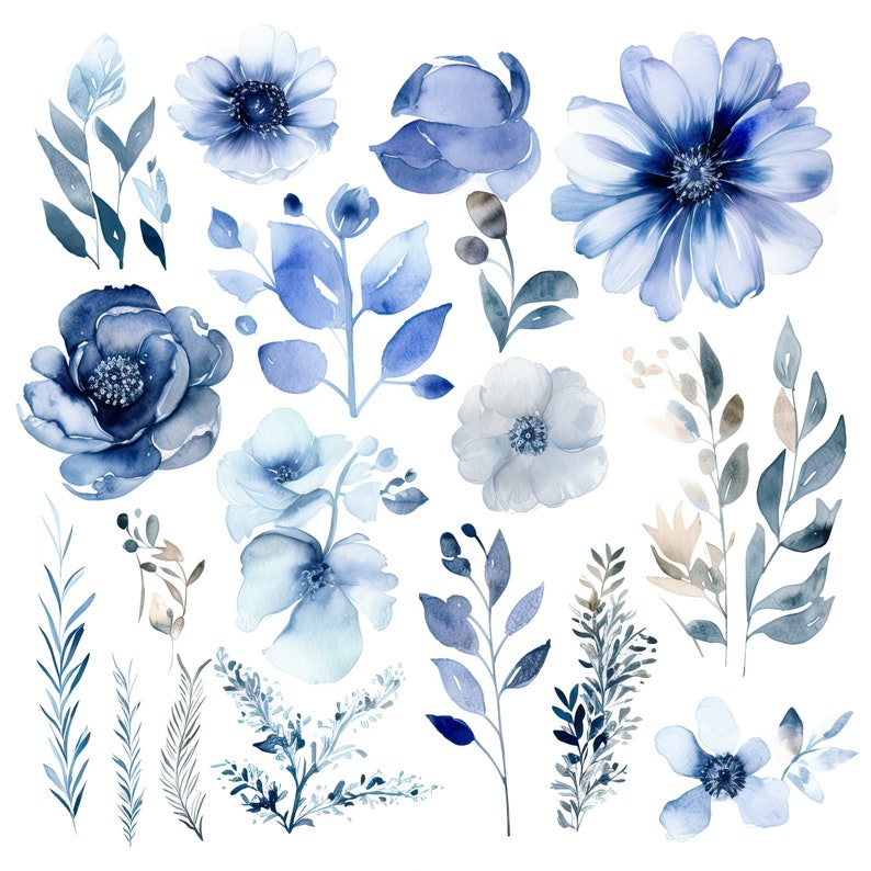 Blue & Silver Floral Clipart, Vintage Blue Flower Art, Glitter Overlay ...