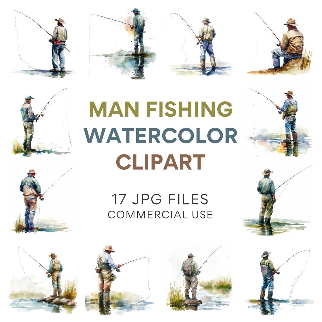 Man Fishing Clipart | 17 High-quality Jpgs - Watercolor, Digital ...