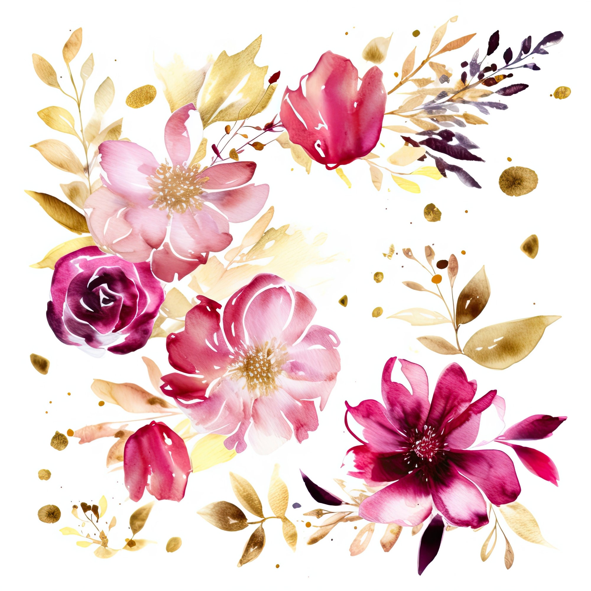 Magenta and Gold Floral Clipart: Vintage Flowers, Rustic Bouquets ...