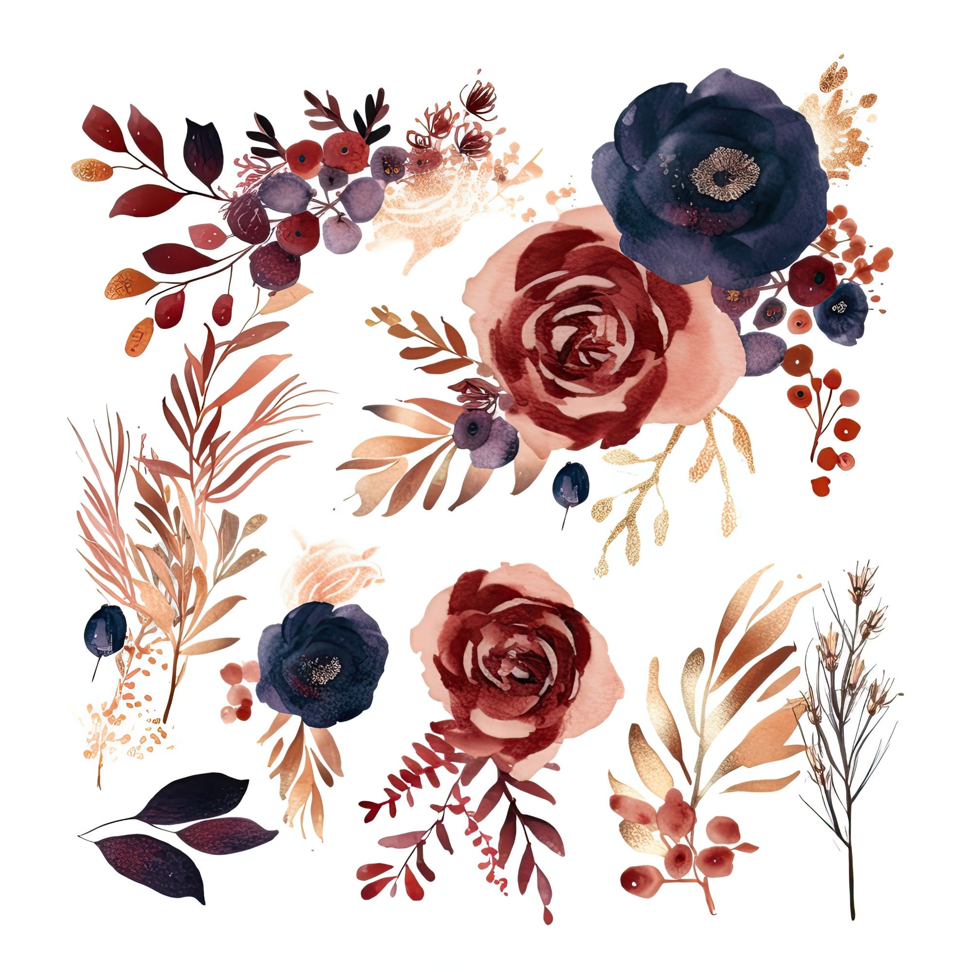 Navy Maroon and Rose Gold Floral Clipart 64 High-quality Jpgs ...