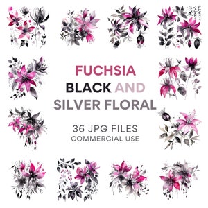 Fuchsia Black & Silver Floral Clipart: Vintage Watercolor Flower ...