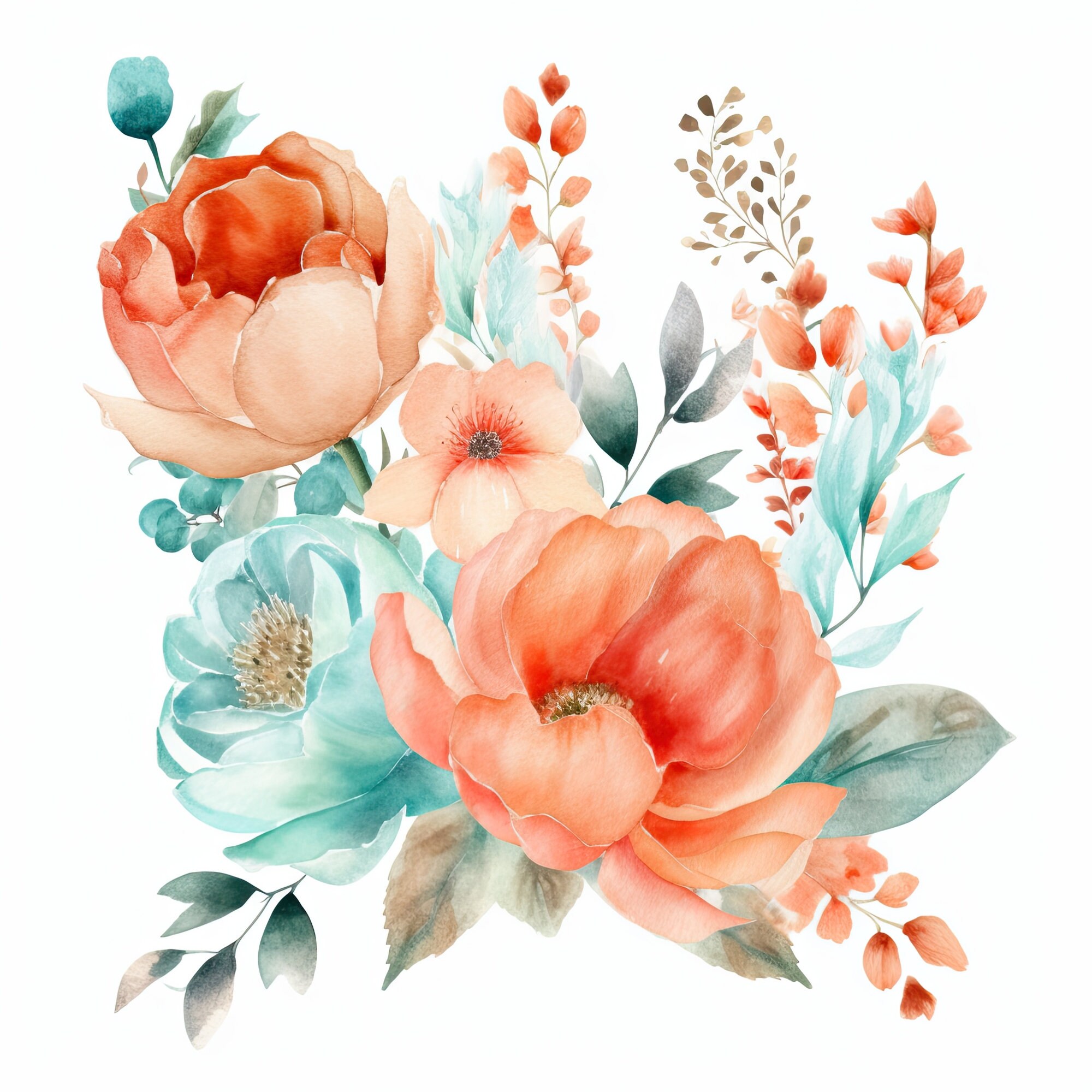 Turquoise and Coral Floral Clipart, Rustic Wedding Flowers, Aqua and ...