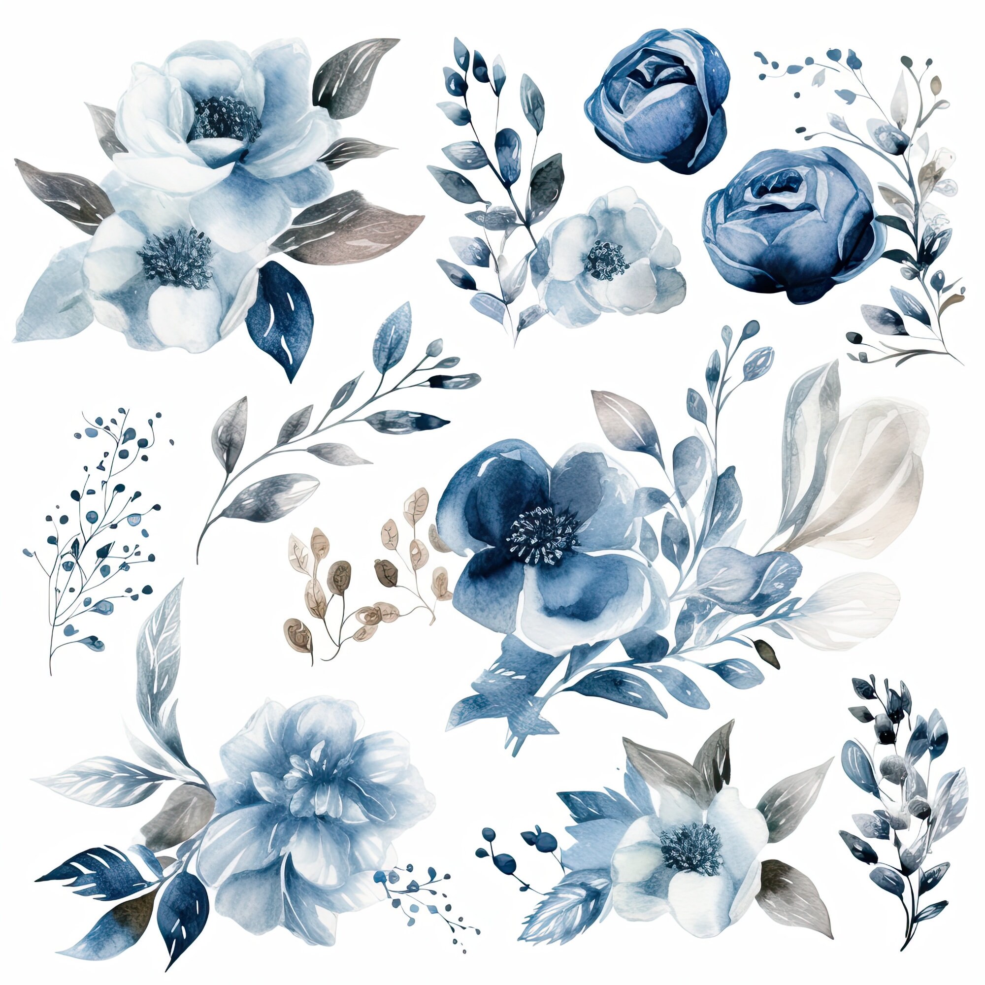 Blue & Silver Floral Clipart, Vintage Blue Flower Art, Glitter Overlay ...