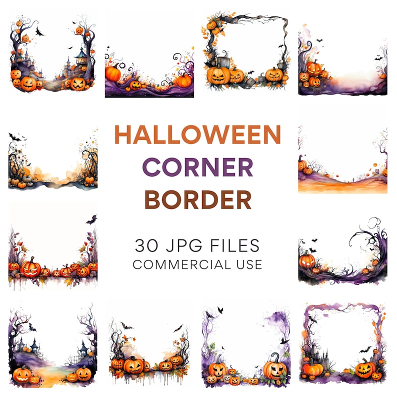 Halloween Corner Border Clipart | 30 High-quality Jpgs - Watercolor ...