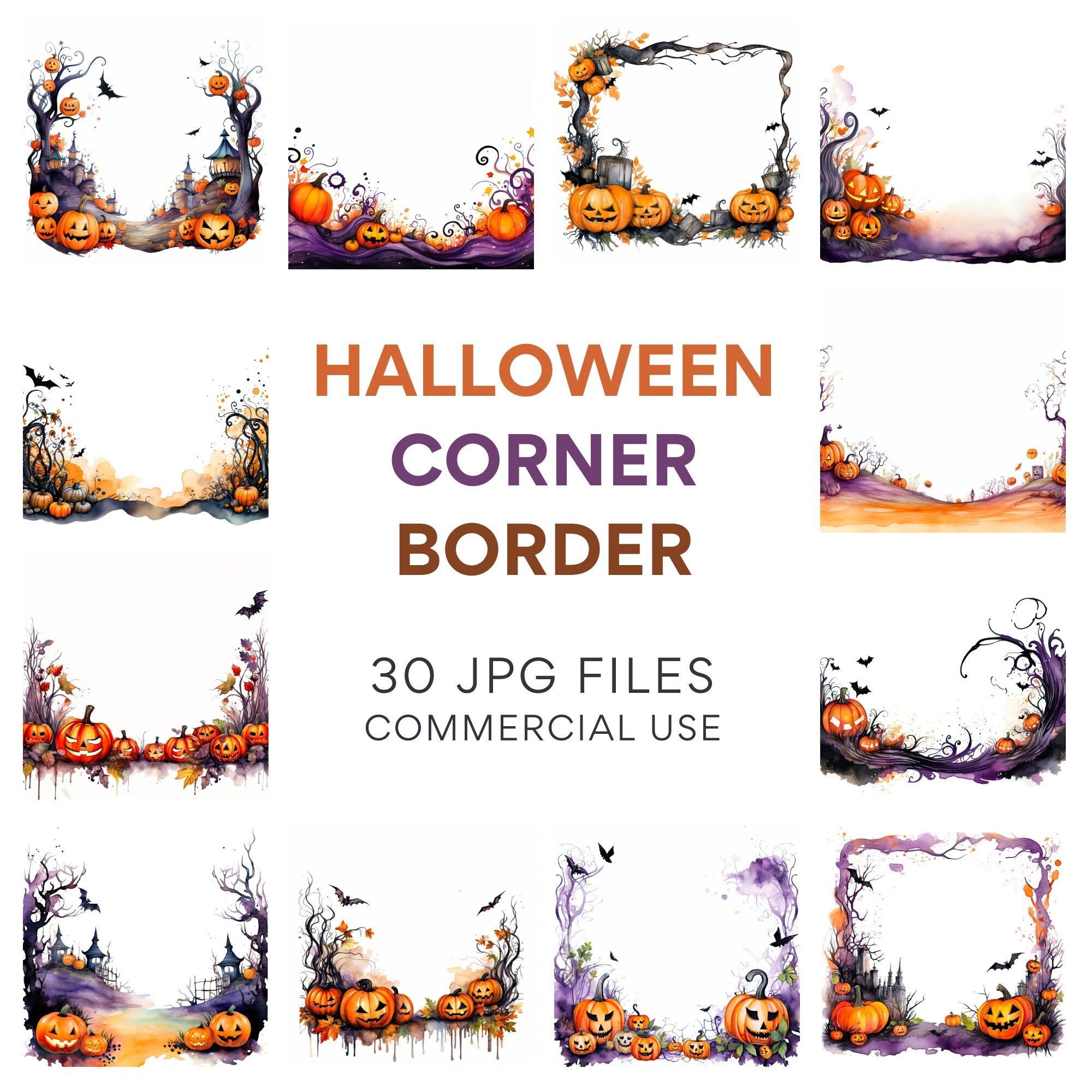 Halloween Corner Border Clipart | 30 High-quality Jpgs - Watercolor ...