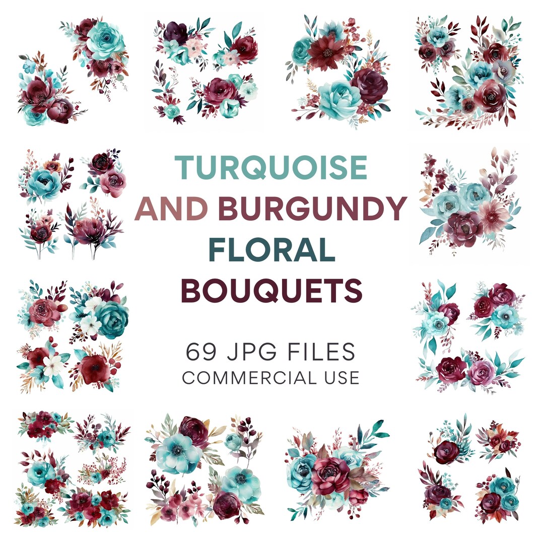Turquoise and Burgundy Floral Bouquets Clipart - Vintage Flowers ...