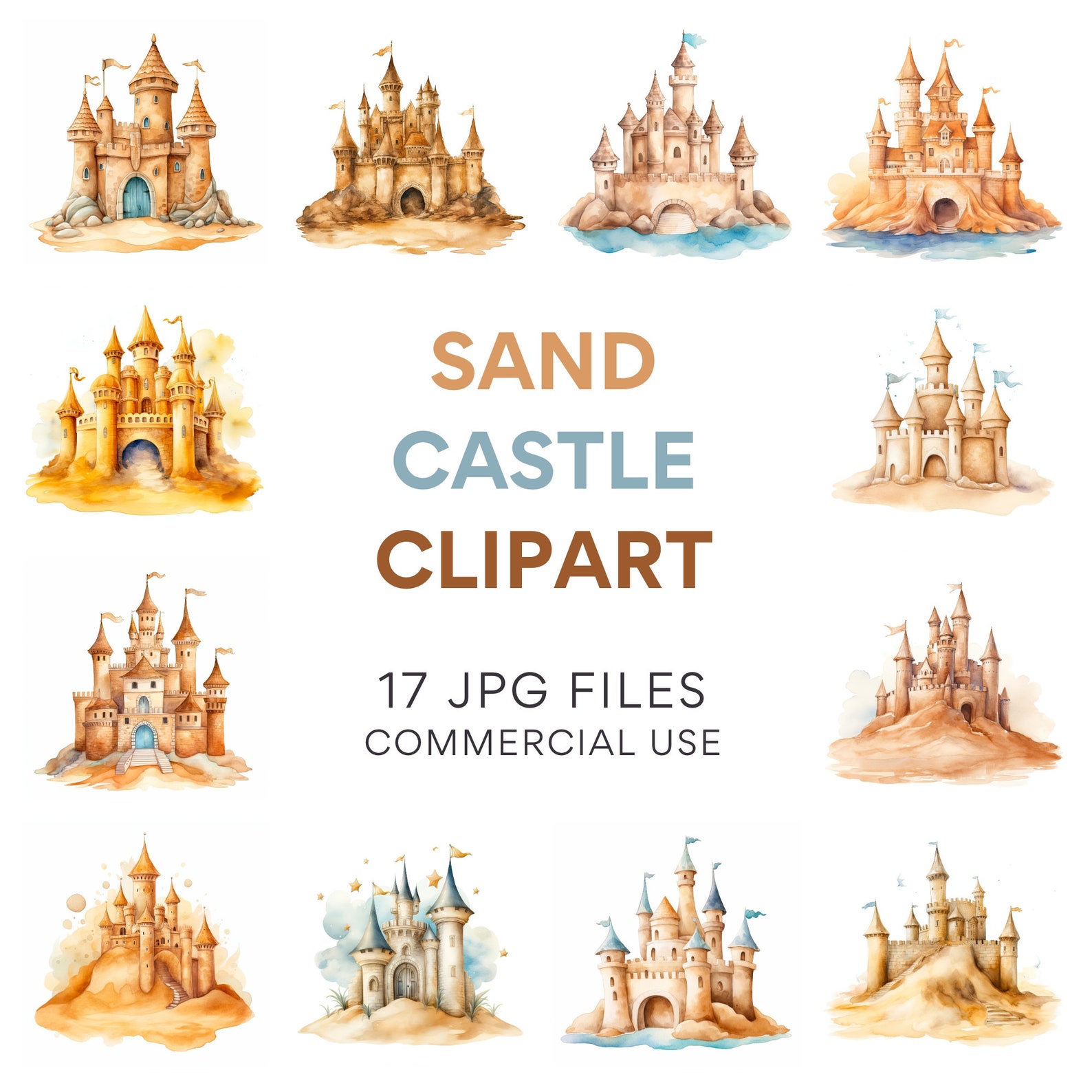 Sand Castle Clip Art: Watercolor Beach & Summer Clipart, Commercial Use ...