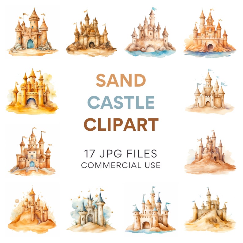 Sand Castle Clip Art: Watercolor Beach & Summer Clipart, Commercial Use ...