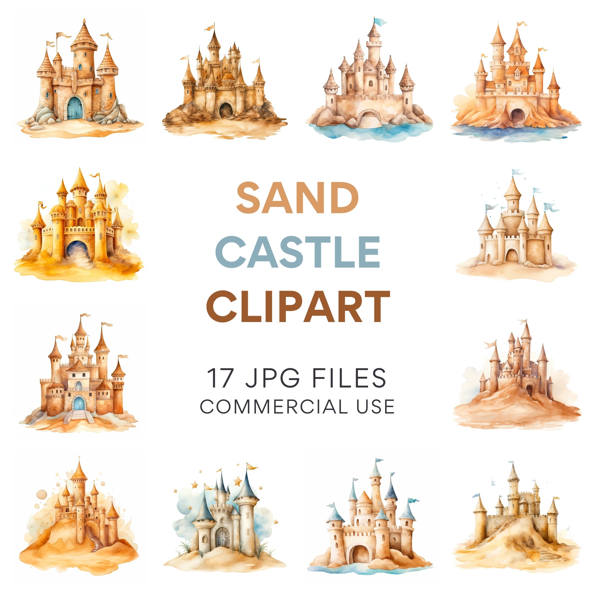 Sand Castle Clip Art: Watercolor Beach & Summer Clipart, Commercial Use ...
