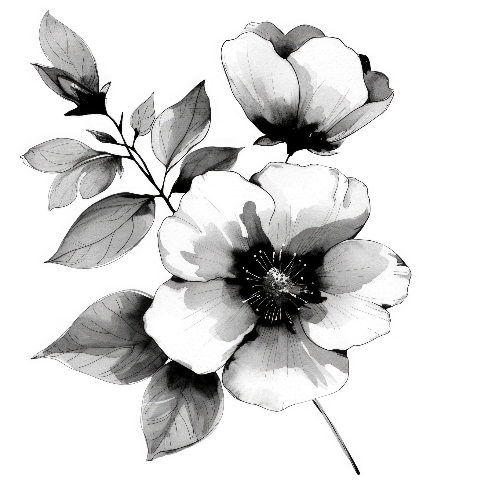 Flower Clipart Black and White | 58 High-quality Jpgs - Watercolor ...
