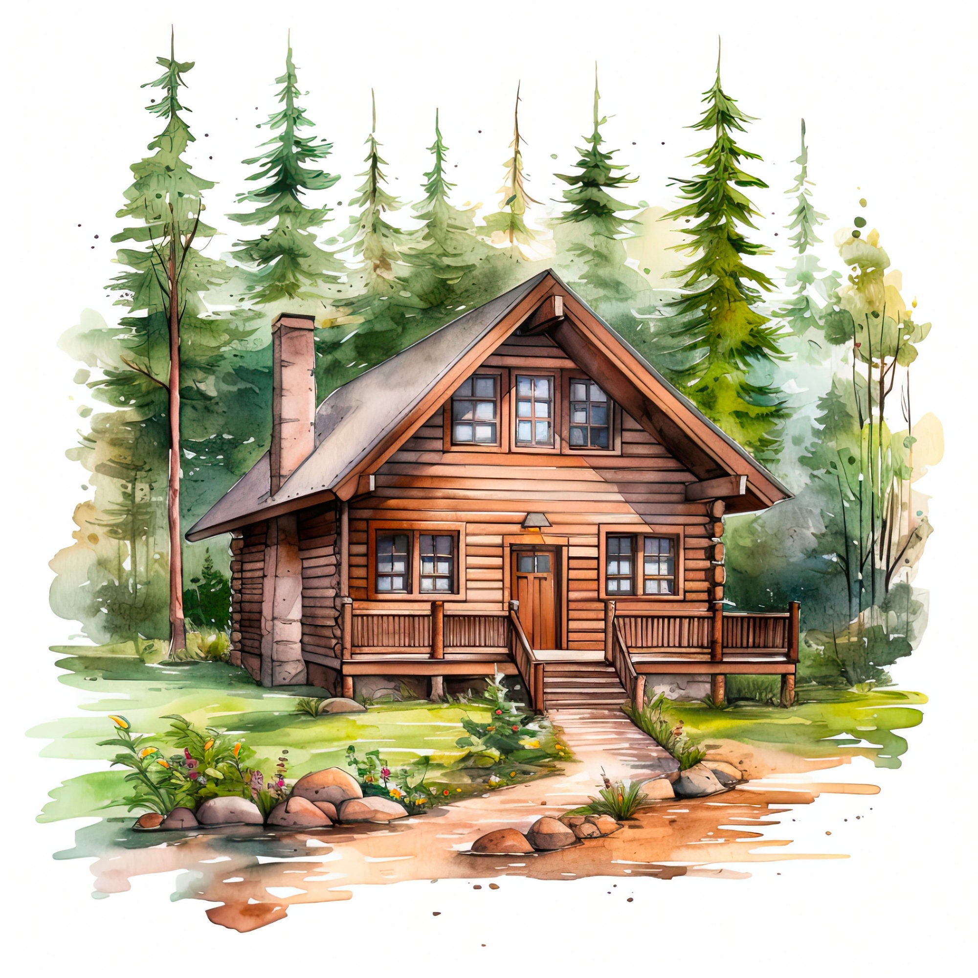 Cabin Clipart Bundle - Watercolor Cabin, Log Cabin Clipart, Digital Download, Commercial Use ...