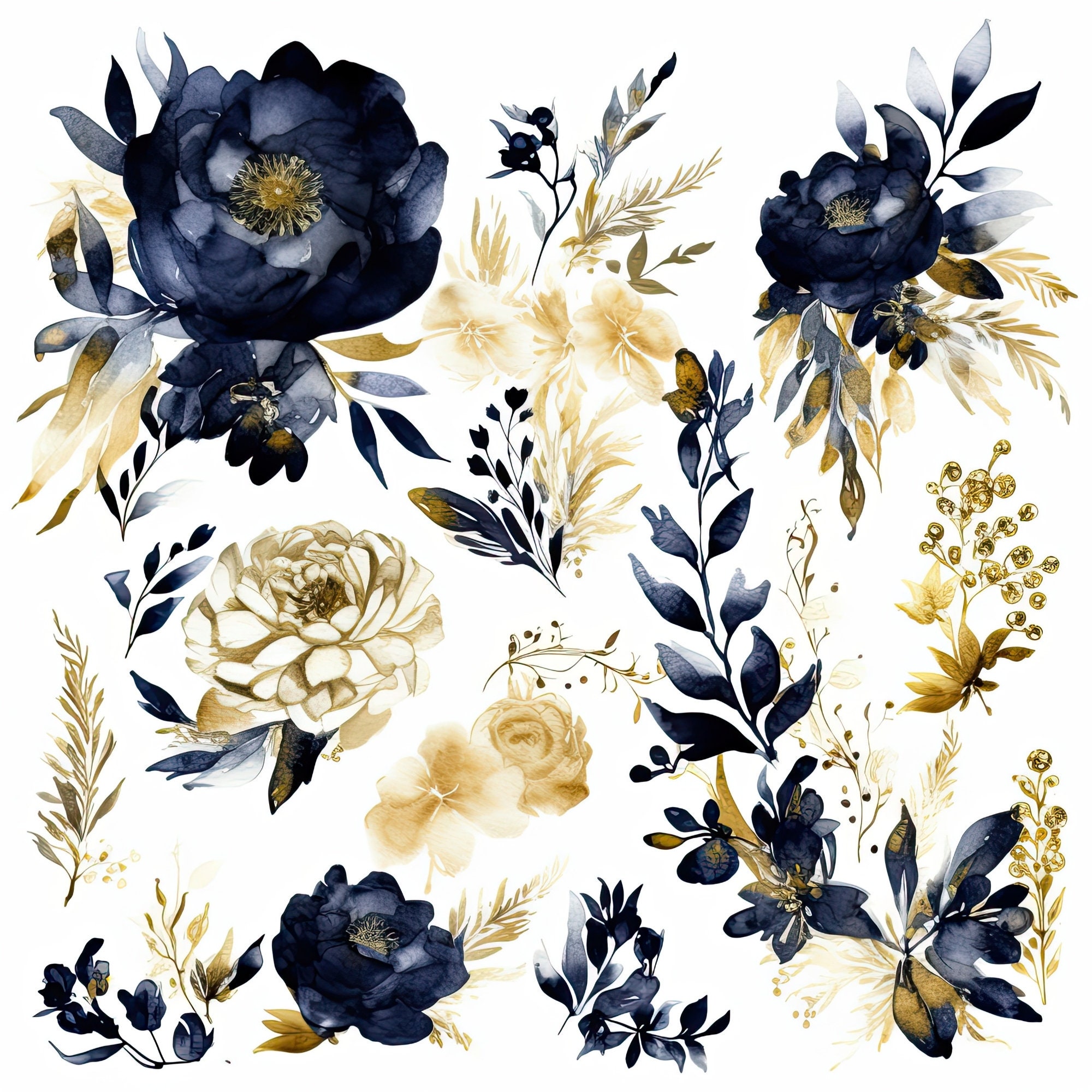 Navy and Gold Floral Clipart Vintage Blue and Gold Flower Art, Rose ...