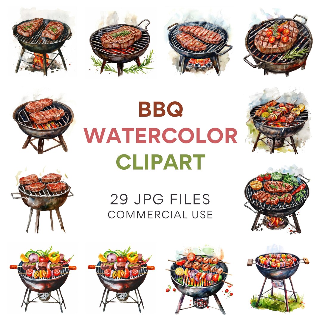 BBQ Clipart Bundle: Barbecue Summer Watercolor, Grill Grilled Food ...
