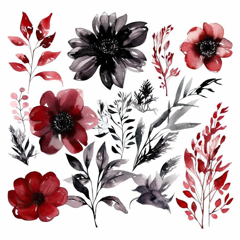 Crimson Black and Silver Floral Clipart With Glitter Flowers - Vintage ...
