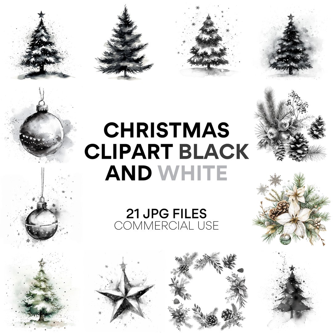 Christmas Clipart Black and White 21 High-quality Jpgs Watercolor ...