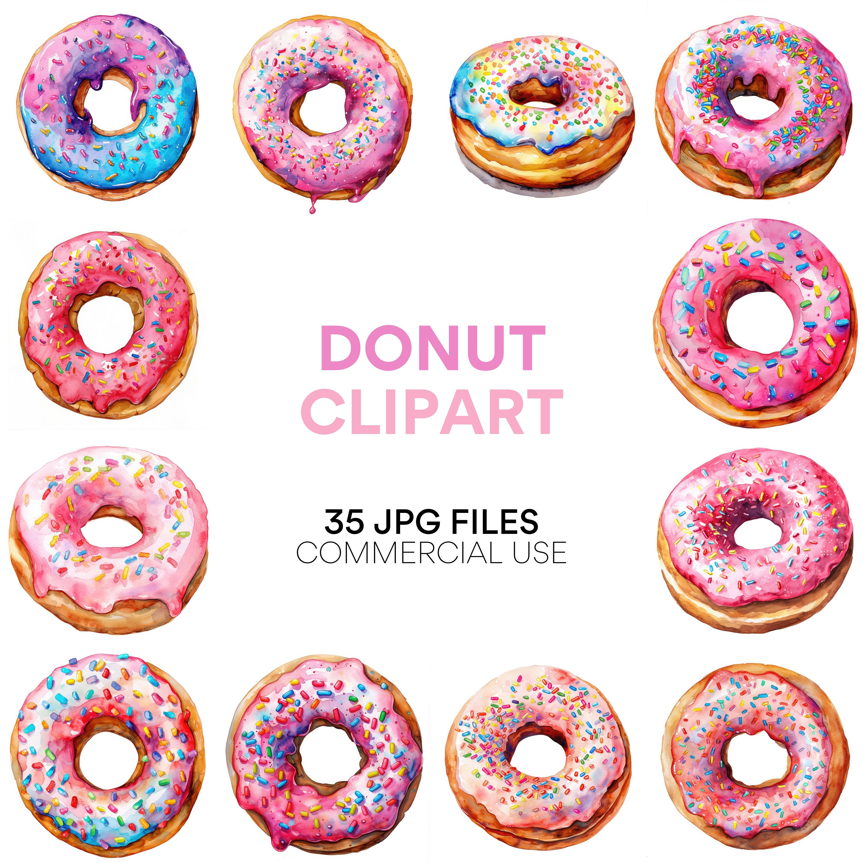 Donut Clipart Bundle Watercolor Donut, Dessert Clipart, Donut Party ...