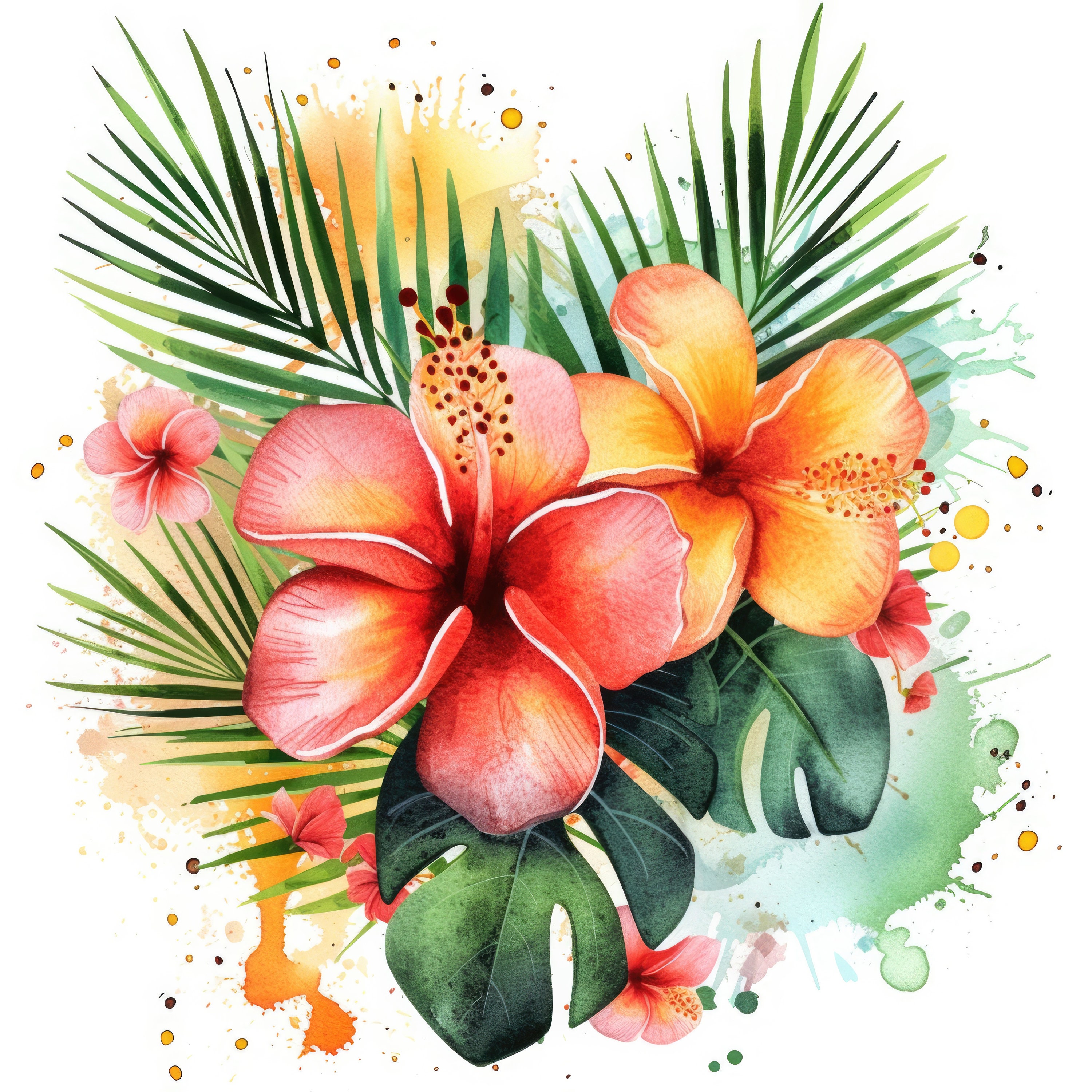Hawaii Watercolor Clipart: Summer Hawaiian Tropical Flowers, Luau, Palm ...
