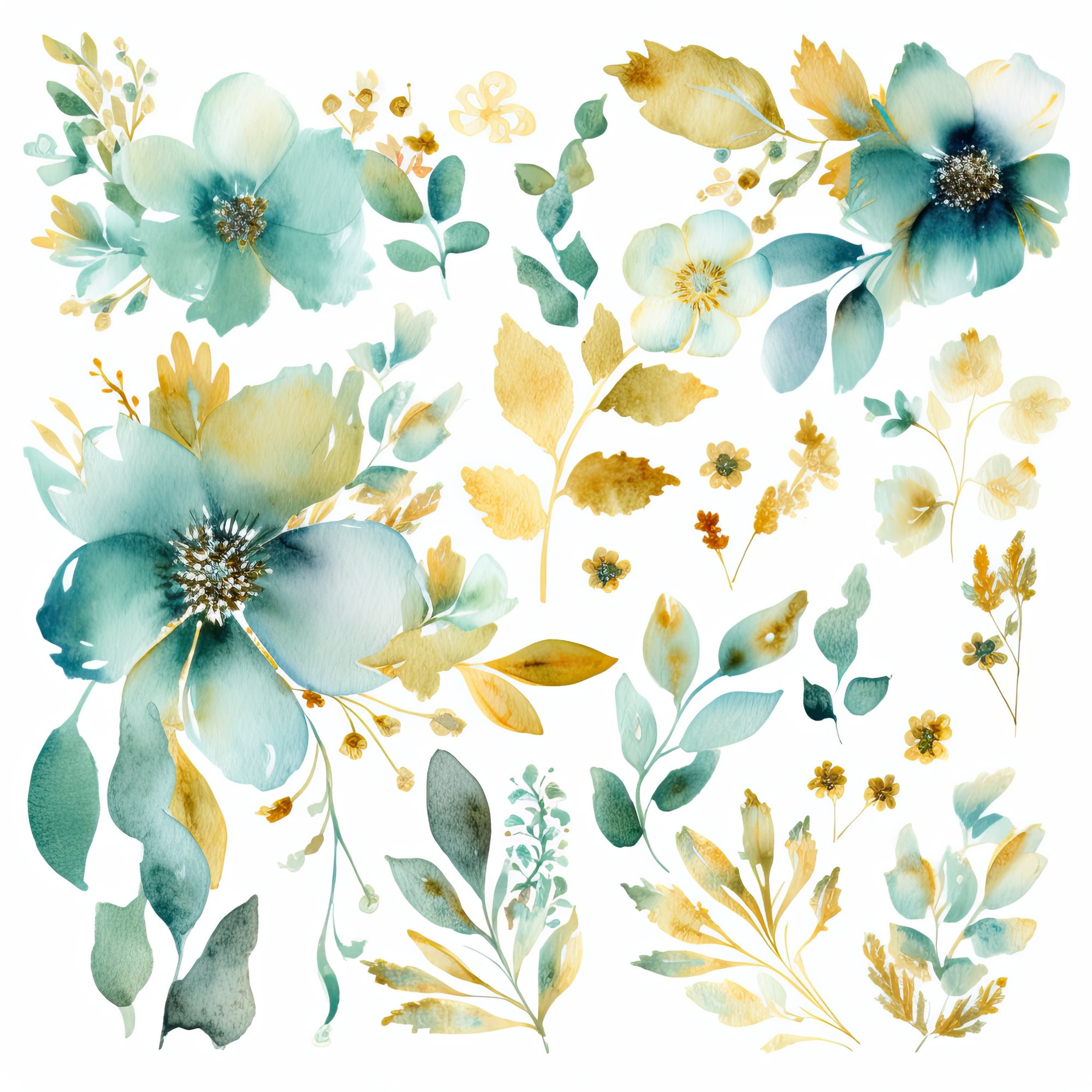 Aqua and Gold Floral Clipart, Aqua Flowers, Watercolor Floral Clip Art ...