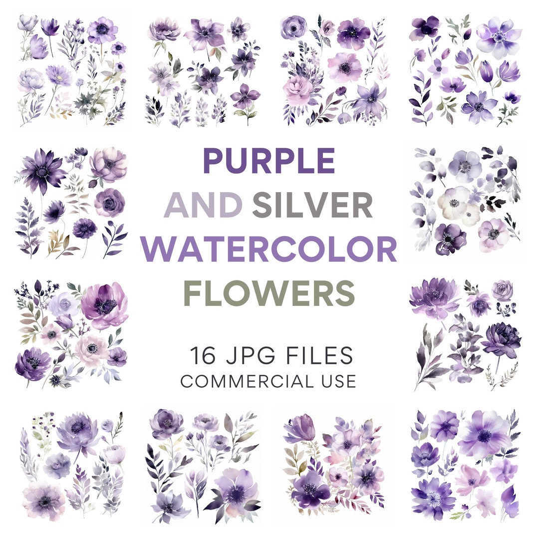 Purple and Silver Watercolor Flowers Clipart 16 High-quality Jpgs ...