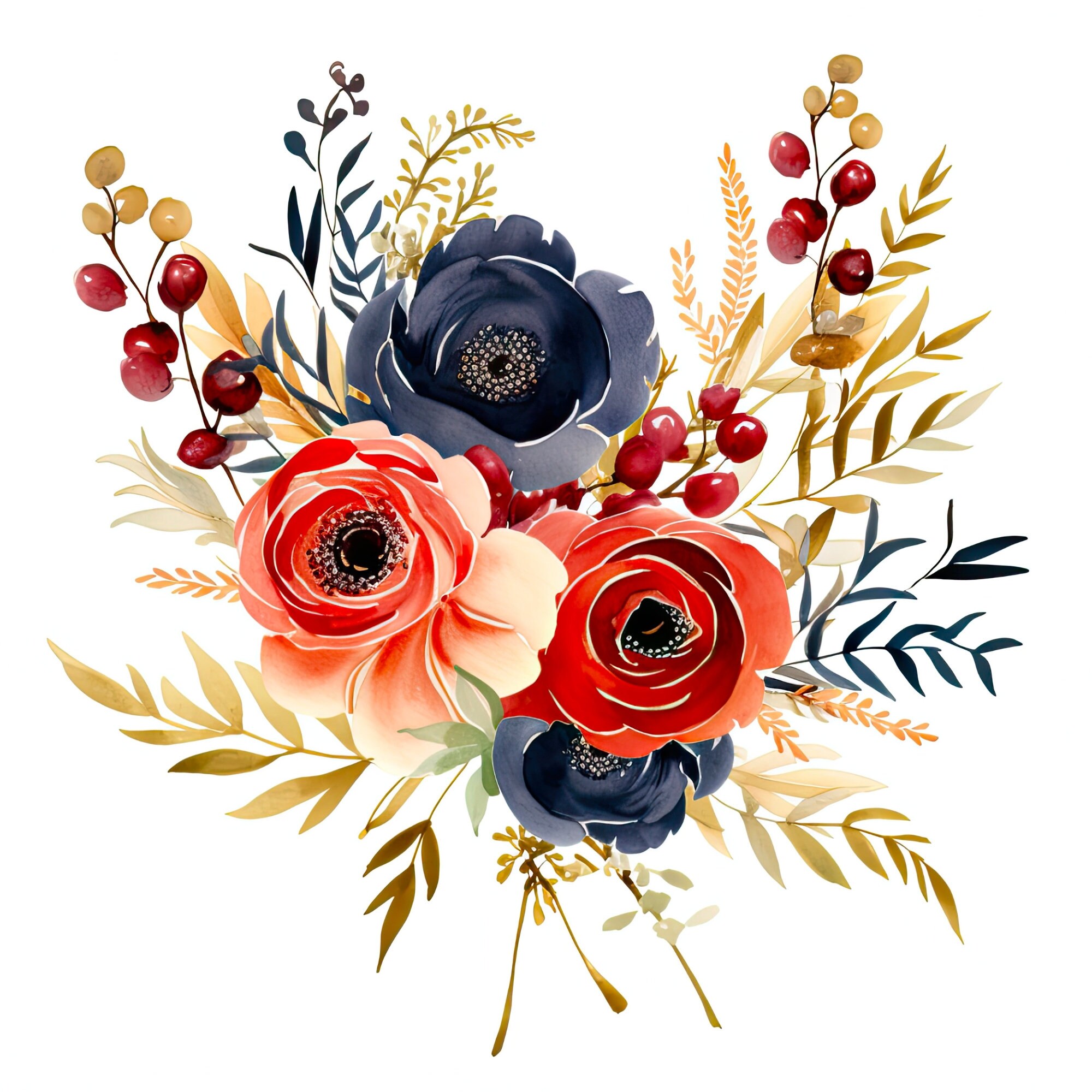 Navy Red and Gold Floral Bouquets Clipart Vintage Flower, Rustic Floral ...