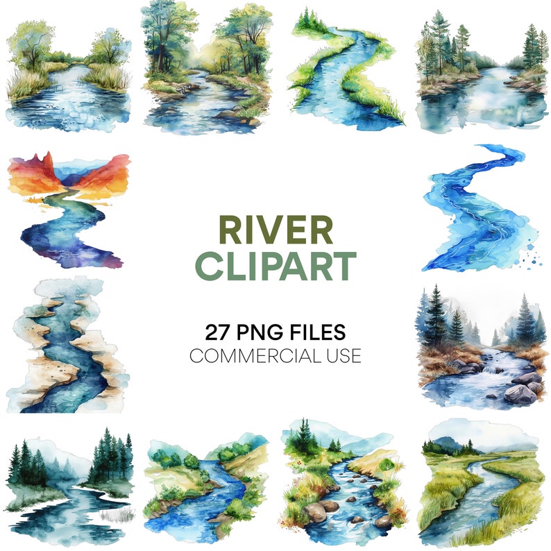 River Clipart Bundle: Watercolor Clipart, Mountain River, Wilderness ...