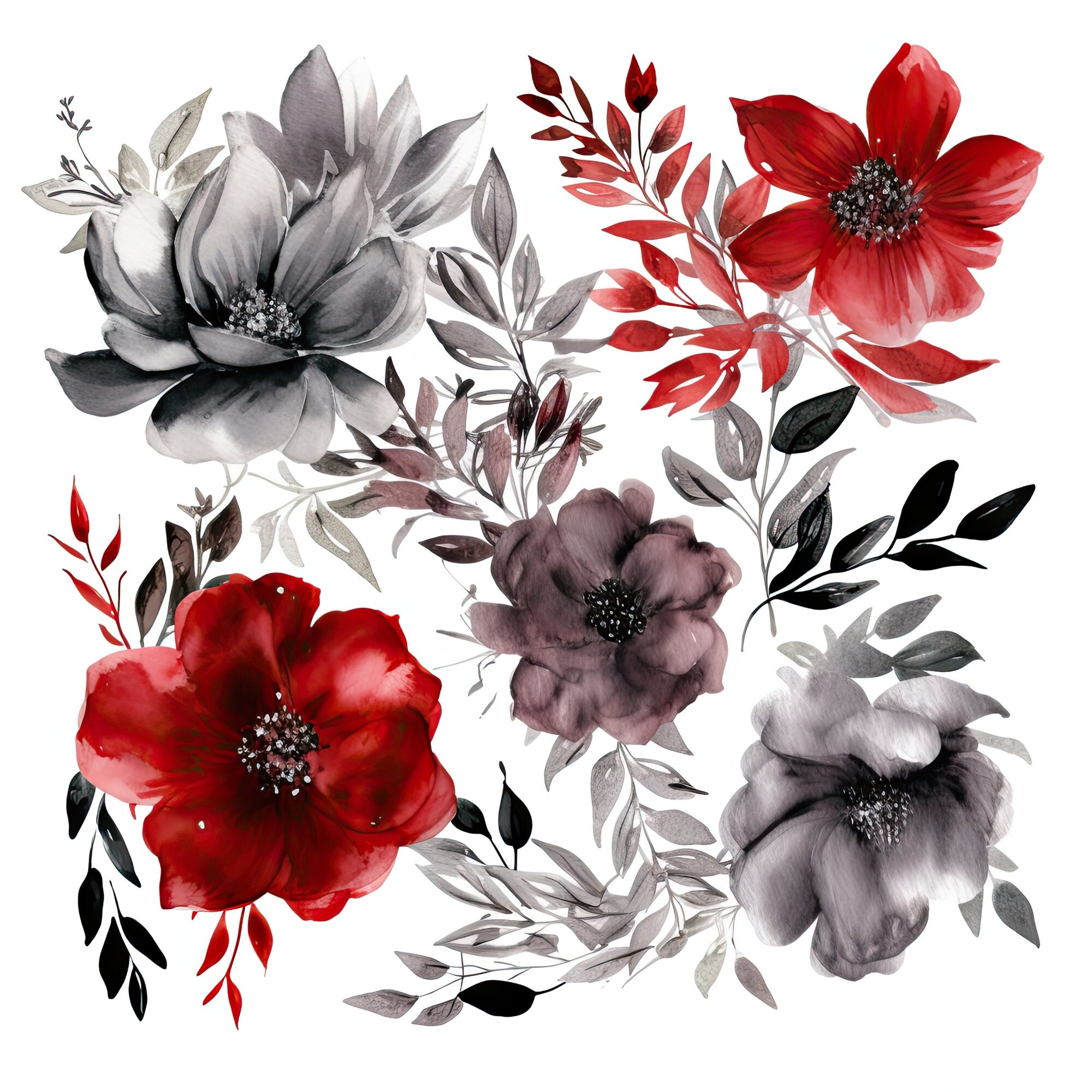 Crimson Black and Silver Floral Clipart With Glitter Flowers - Vintage ...