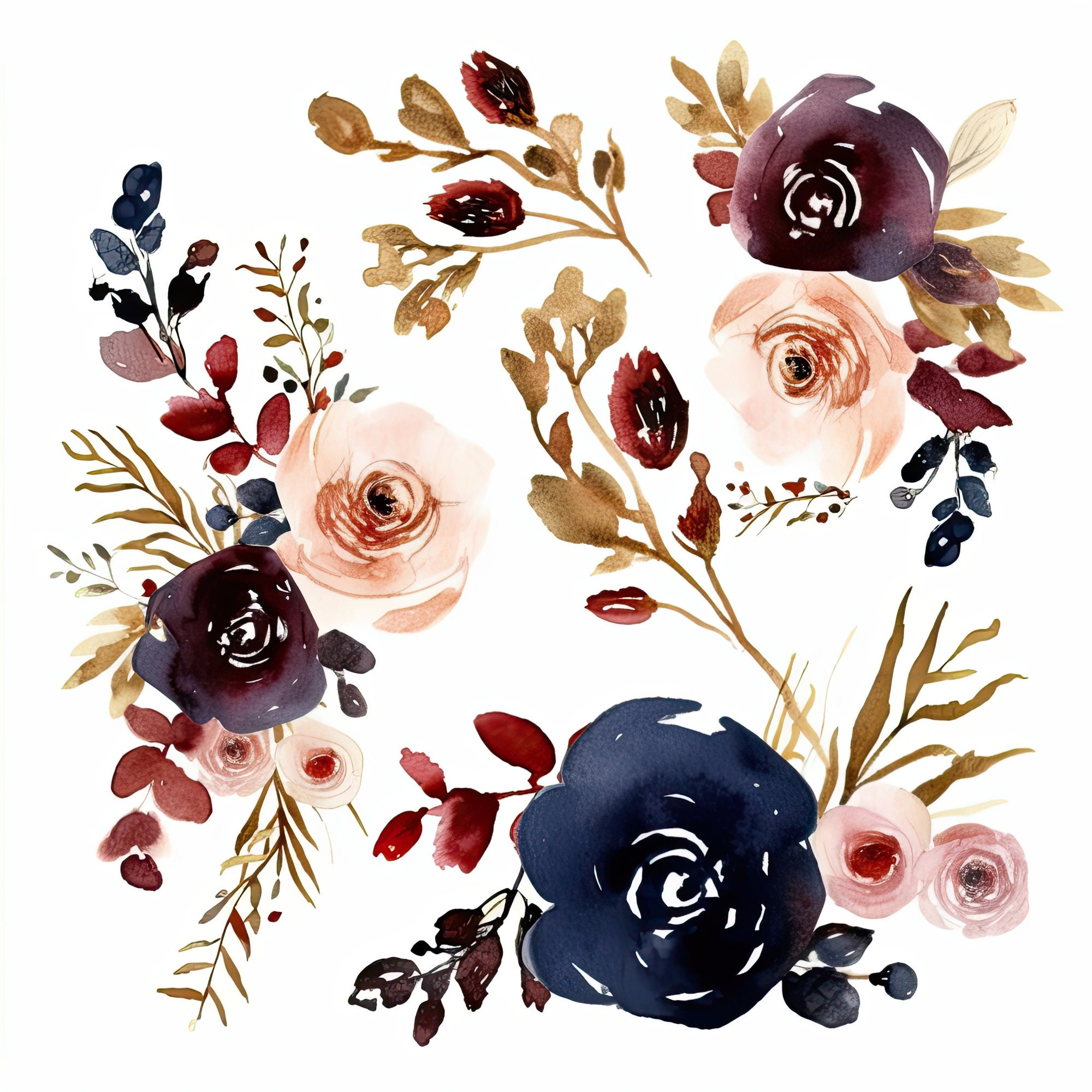 Navy Maroon and Rose Gold Floral Clipart 64 High-quality Jpgs ...