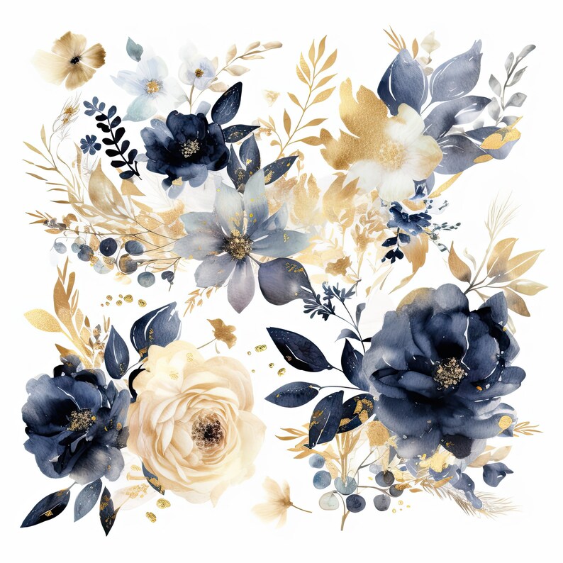 Navy and Gold Floral Clipart Vintage Blue and Gold Flower Art, Rose ...