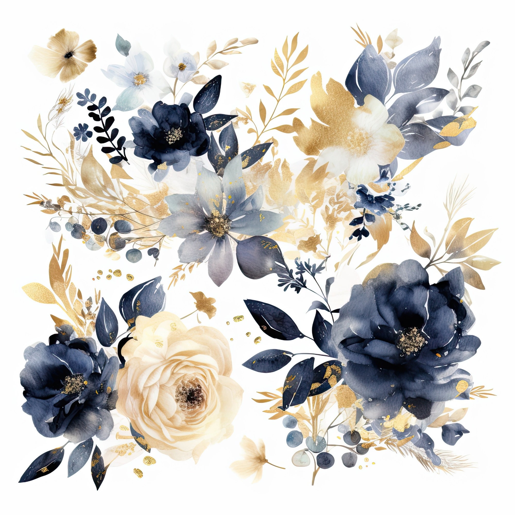 Navy and Gold Floral Clipart Vintage Blue and Gold Flower Art, Rose ...