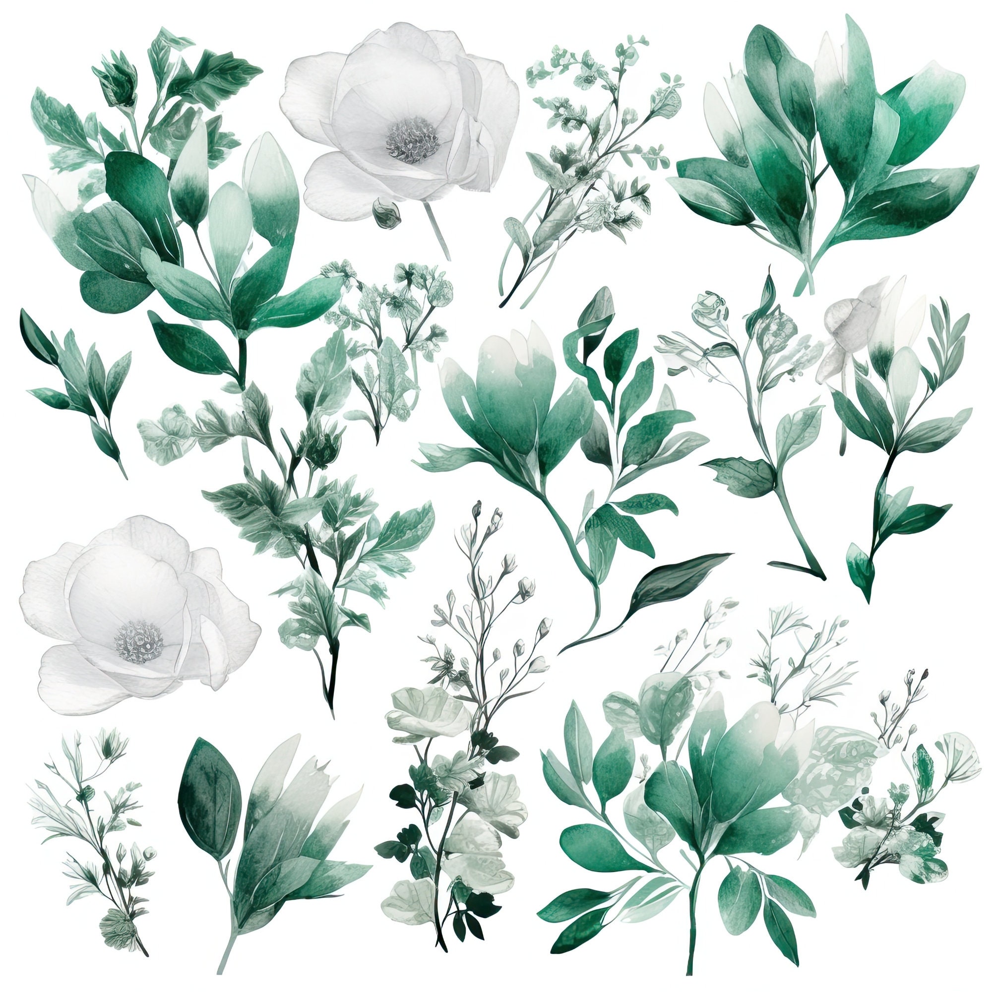 Emerald and Silver Floral Clipart: Rose & Green Bouquets, Vintage ...