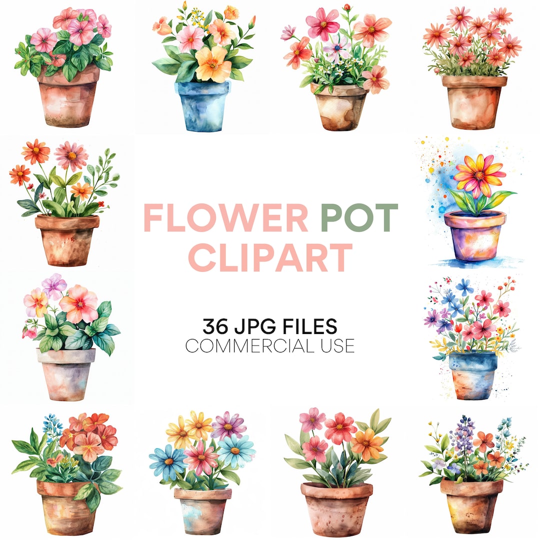 Flower Pot Clipart: Watercolor Potted Plant Images, Cute Plants Digital ...