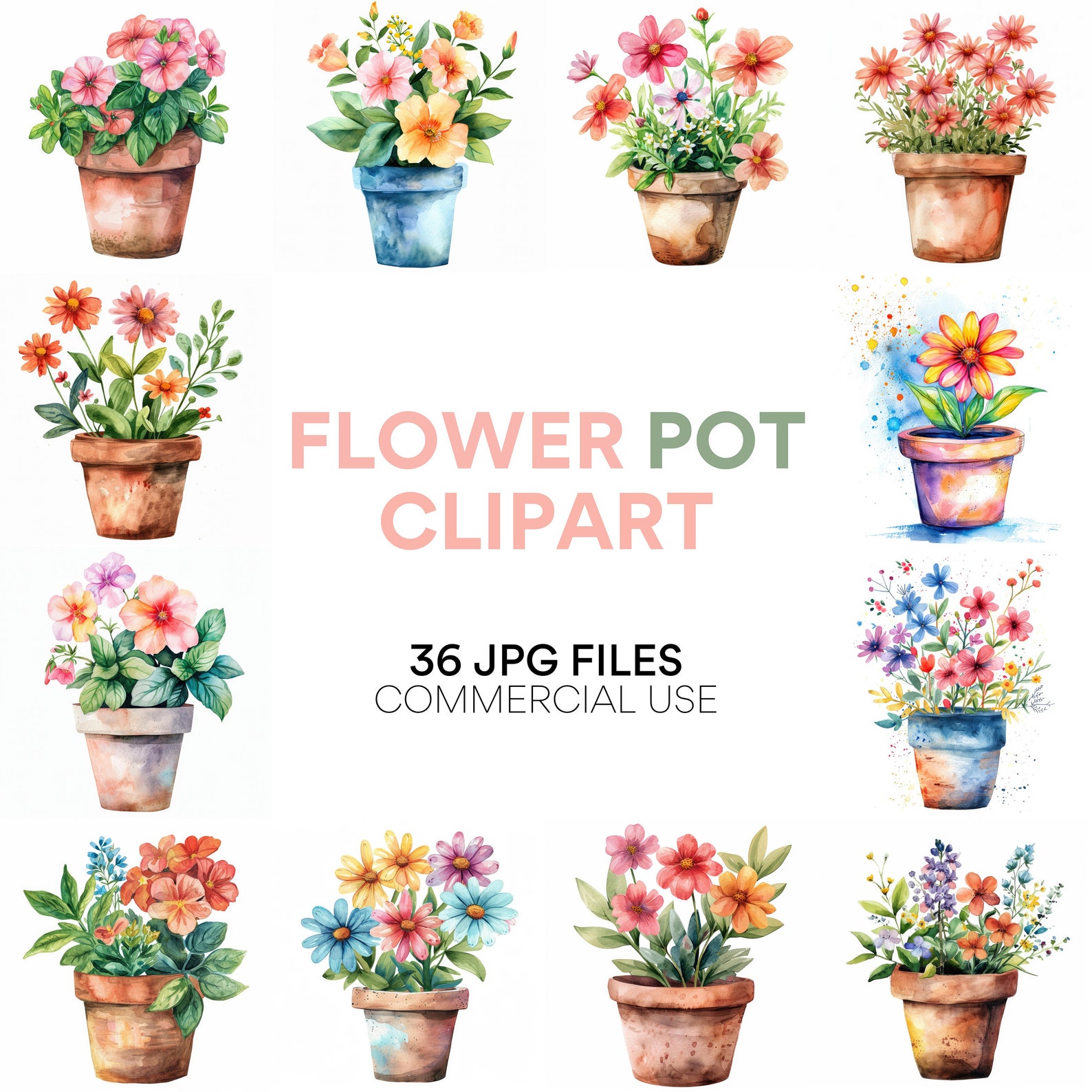 Flower Pot Clipart: Watercolor Potted Plant Images, Cute Plants Digital ...