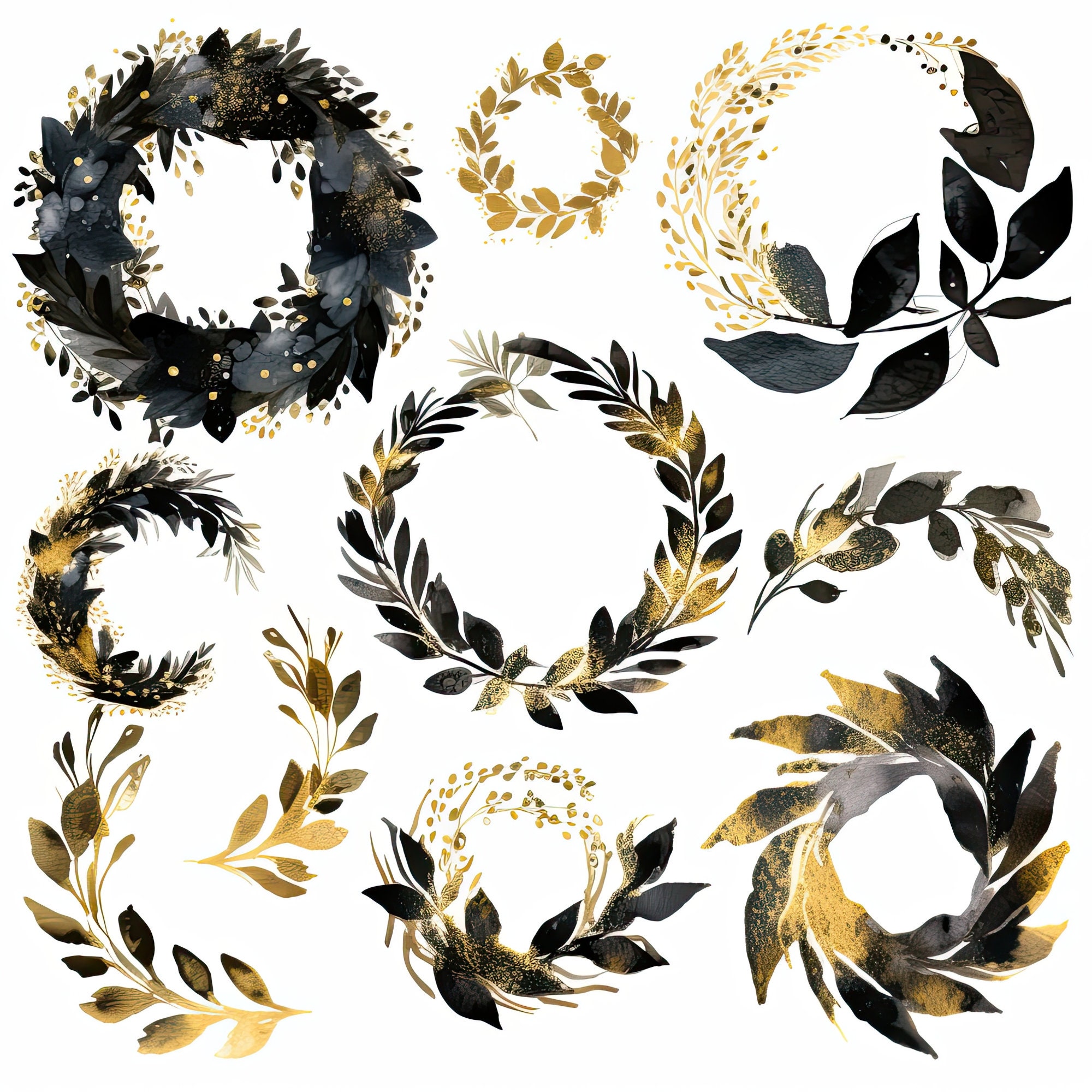 Black and Gold Wreaths Clipart: JPG Floral, Gold Glitter, Black & Gold ...