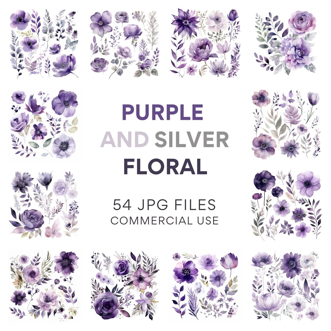 Purple and Silver Floral Clipart 54 High-quality Jpgs - Etsy